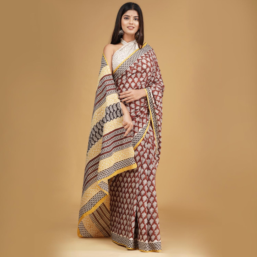 Buy BPS20 Brown Hand Block Print Saree Online at Myindicraft