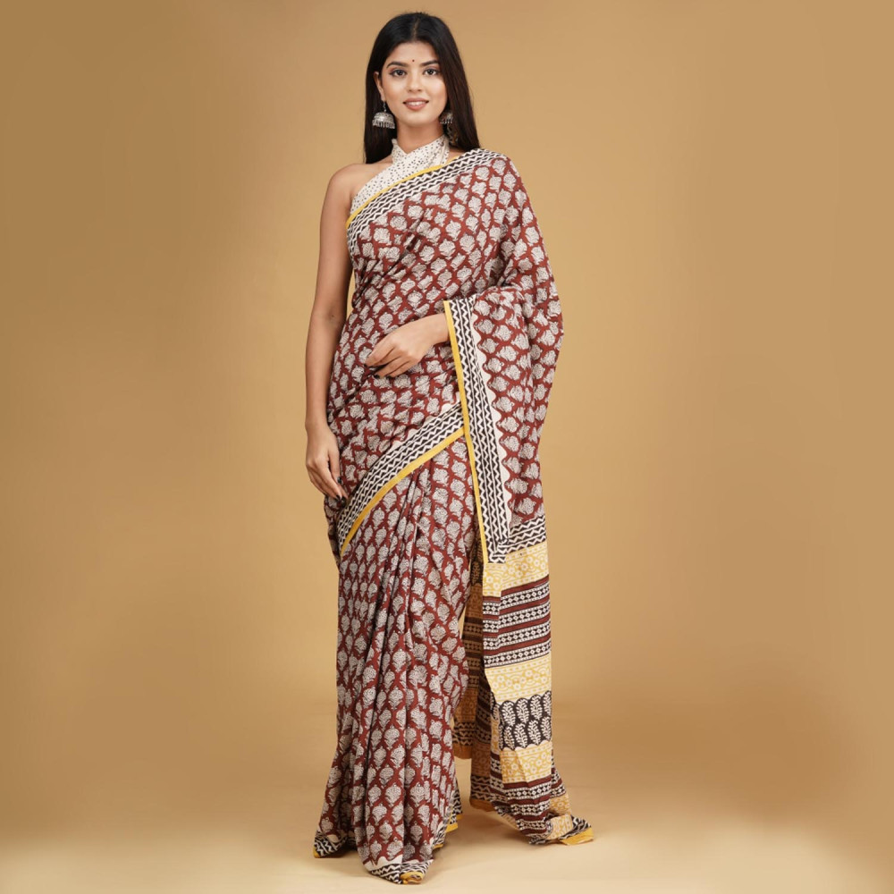 Buy BPS20 Brown Hand Block Print Saree Online at Myindicraft