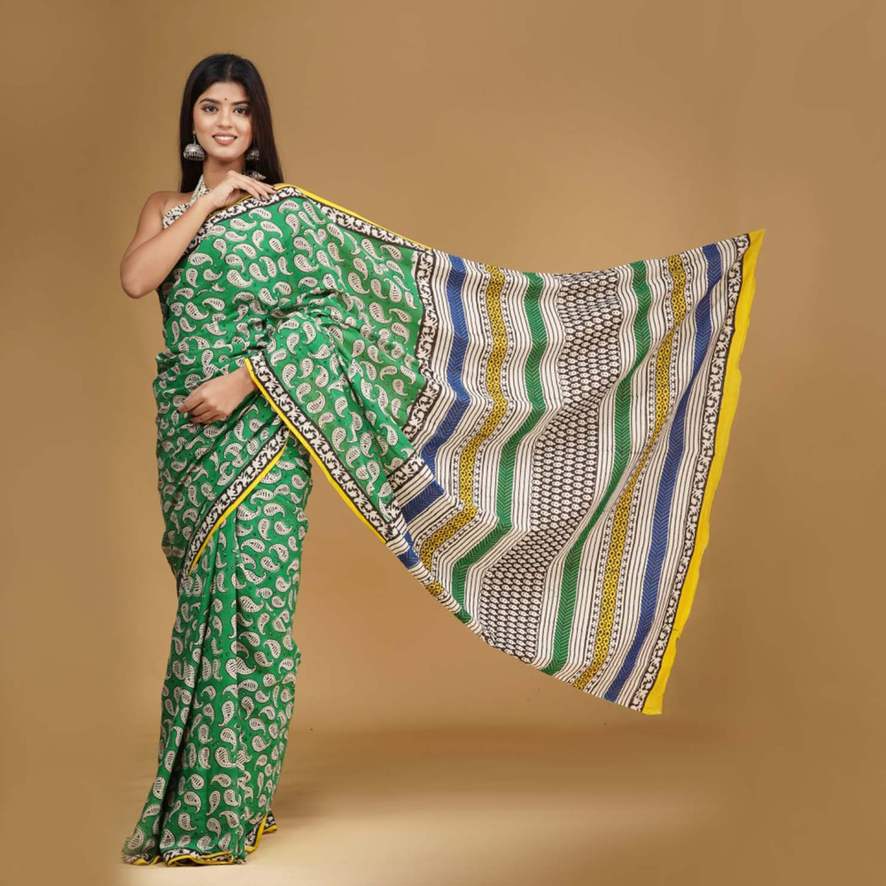 Buy BPS21 Green Hand Block Print Saree Online at Myindicraft