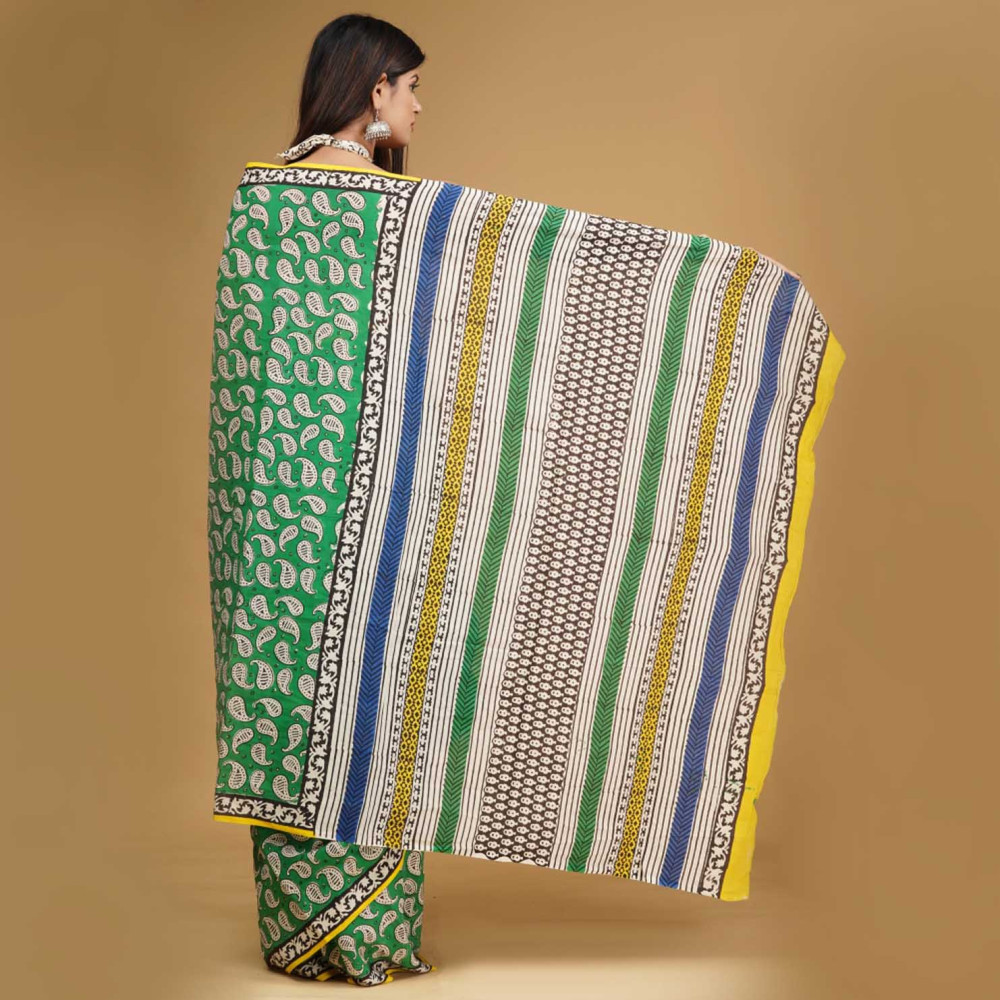 Buy BPS21 Green Hand Block Print Saree Online at Myindicraft